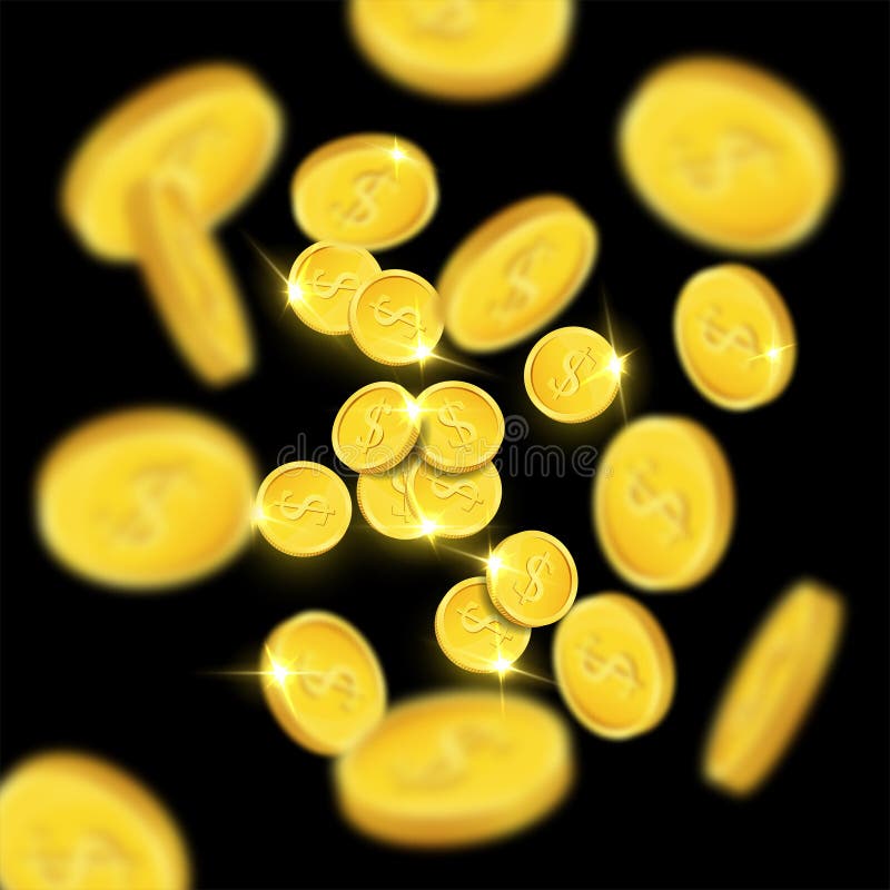 Vector Shiny Falling Golden Coins Isolated on Black Background. Stock ...