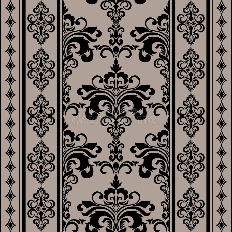 Vector Damask Seamless Pattern with Black Motifs on Grey Background ...
