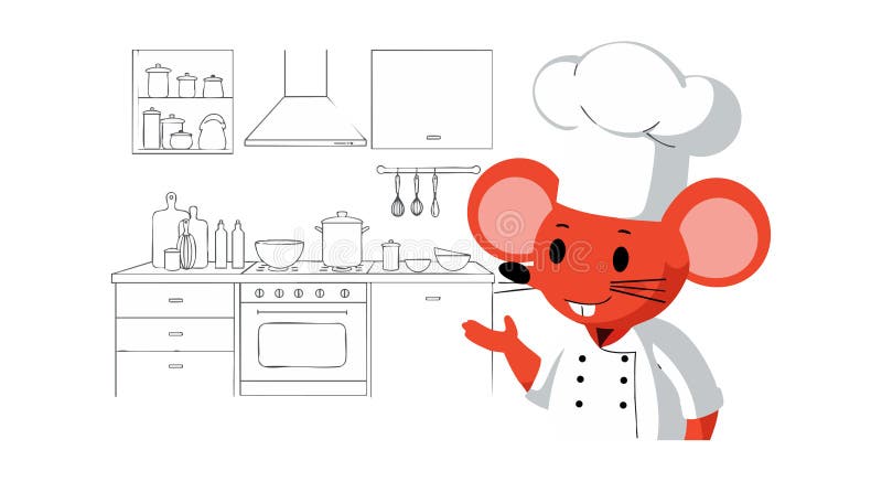 Cartoon Red Mouse Chef Character in White Kitchen Cooking Illustration ...