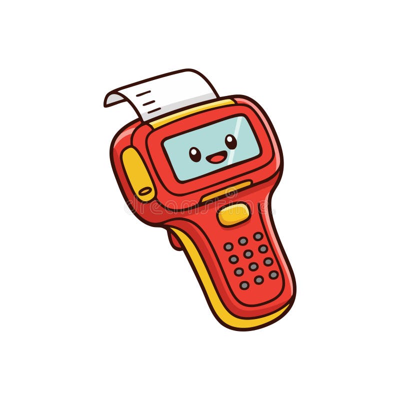 Cute Red Handheld Payment Terminal with Smiling Face and Receipt Vector ...