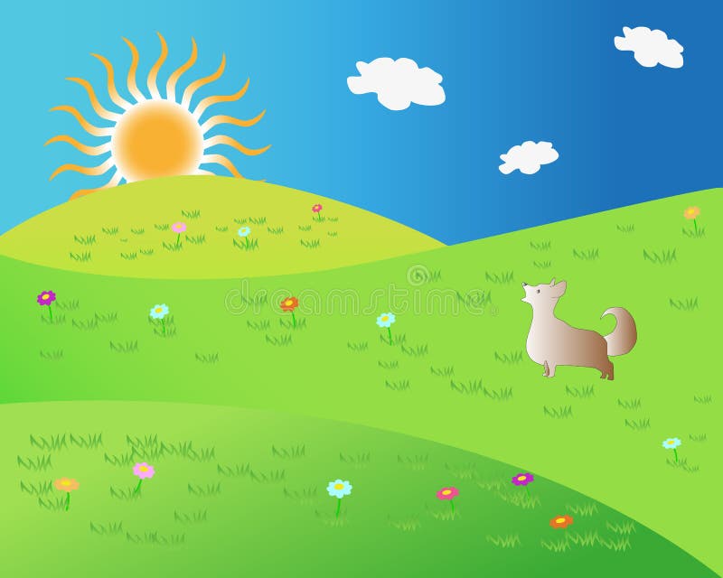 Vector Silhouette of a Dog with Funny Sun in Nature Landscape Stock ...