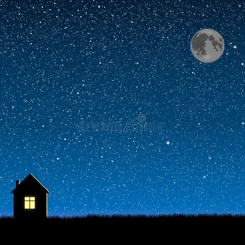 Silhouette House on Blue Starry Night Sky. Stock Vector - Illustration ...