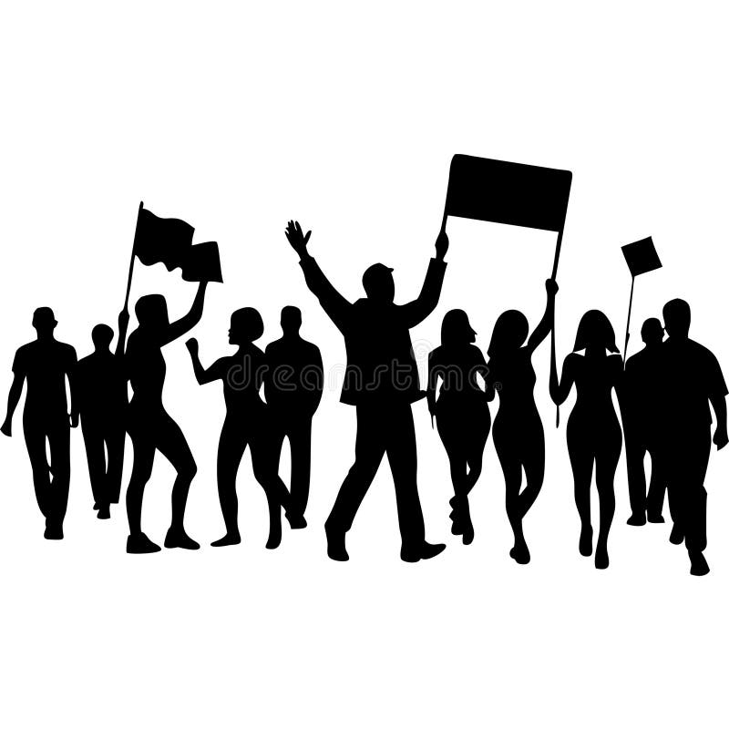 Vector Silhouette Protest Group Holding Signs and Flags in ...