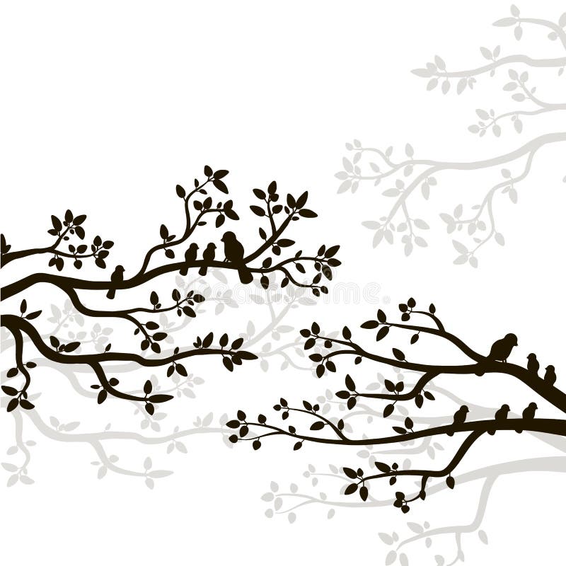 Vector Silhouette of Spring Birds Sitting on Twig of Tree. Decorative ...