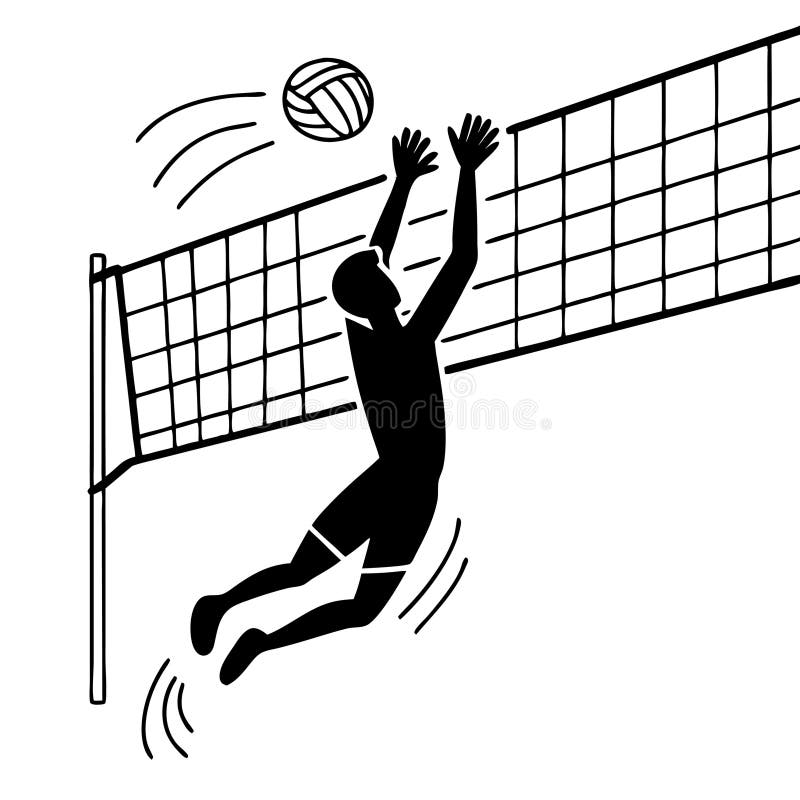 Vector Silhouette Volleyball Player Jumping To Block Ball Over Net ...
