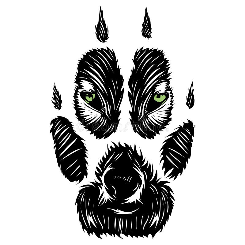 Vector Silhouette of Wolf Paws with Wolf Face Inside Stock Illustration ...