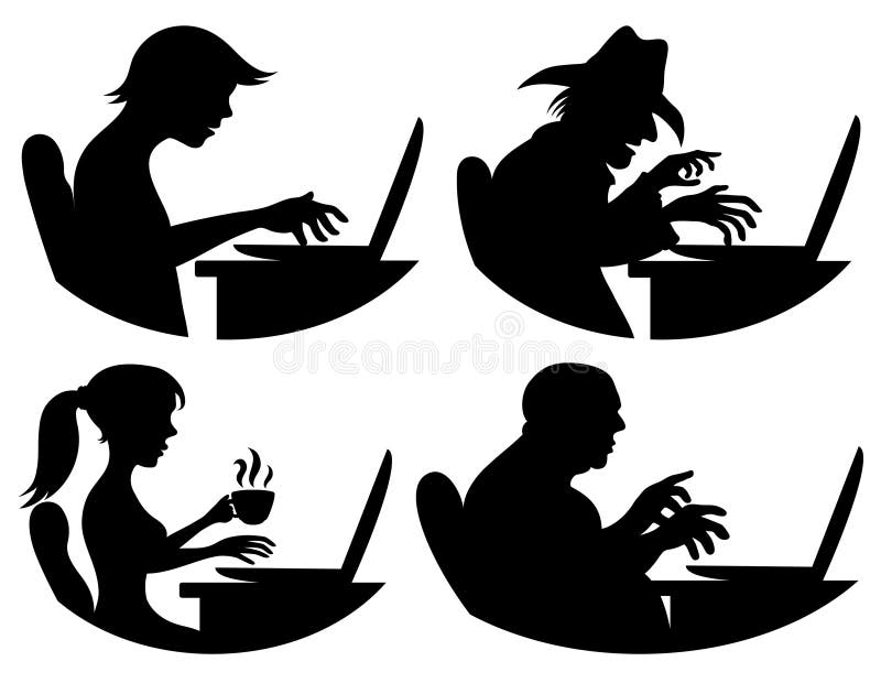 Vector Silhouettes. People and Computer. Stock Vector - Illustration of ...