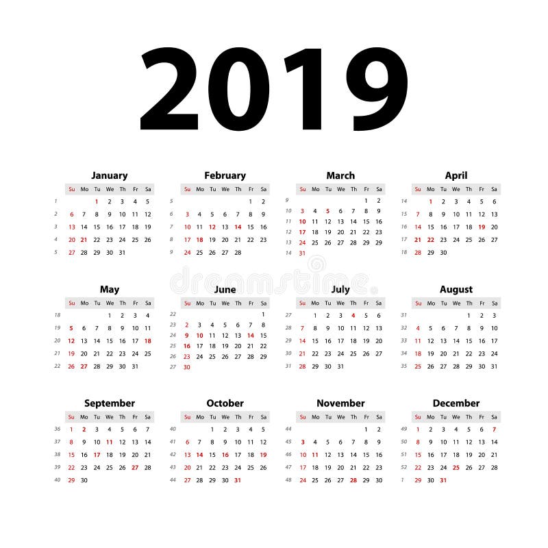 Vector Simple Calendar Layout for 2019 Years. Week Starts from Sunday ...