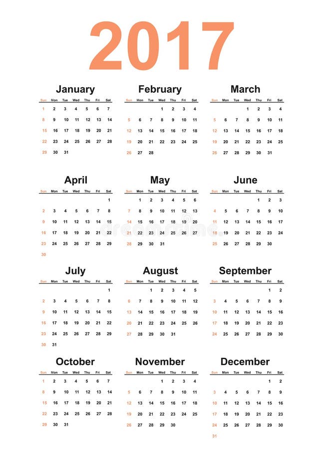 Vector Simple Calendar 2017 Year. Stock Vector - Illustration of march ...