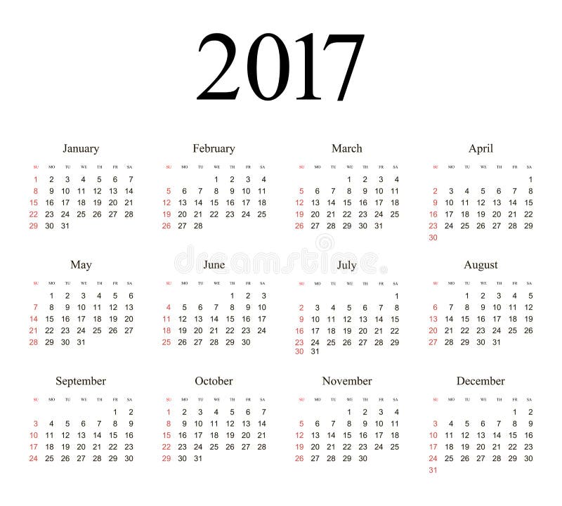 Vector Simple 2017 Year Calendar Stock Vector - Illustration of date ...