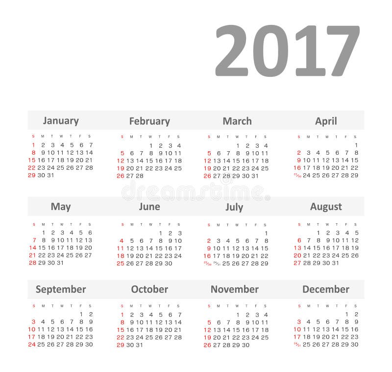 Vector Simple 2017 Year Calendar Stock Vector - Illustration of sunday ...