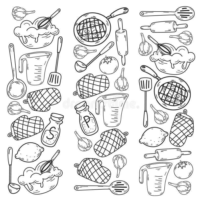 Vector Sketch Background with Kitchen Utensils, Vegetables, Cooking ...