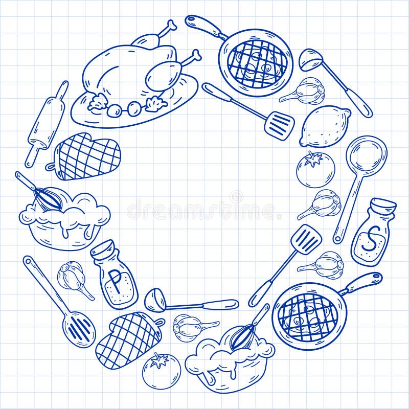 Vector Sketch Background with Kitchen Utensils, Vegetables, Cooking ...