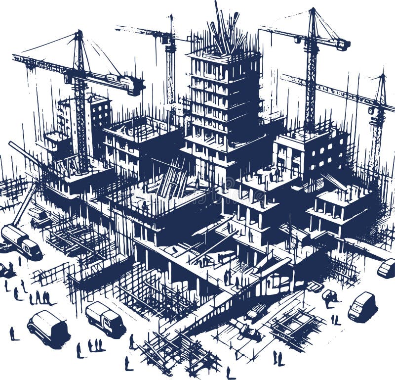 Vector Sketch Drawing of a Large Construction Site with Equipment and ...