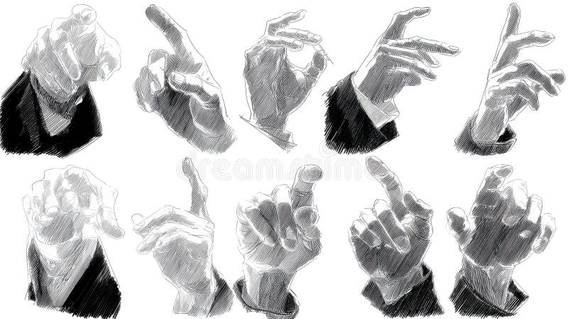 Vector Sketch of Expressive Male Hands in Different Gestures, Drawn ...