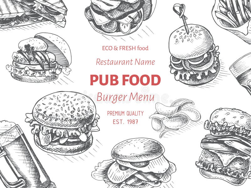 Pub Food and Beer Vector Illustration. Beer, Meat, Fast Food and Snacks ...