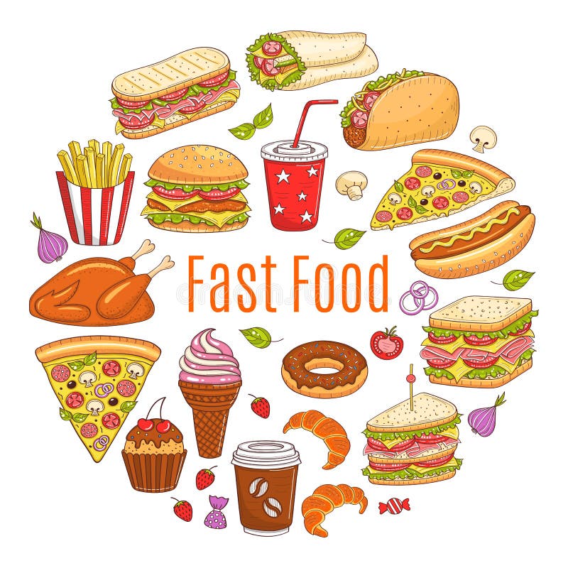 Vector Sketch Illustration of Fast Food Circular Shaped Stock Vector ...