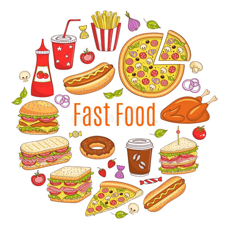 Vector Sketch Illustration of Fast Food Circular Shaped Stock Vector ...
