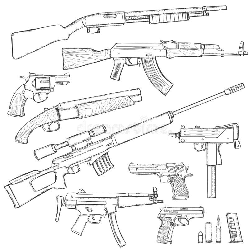 Vector Sketch Set of Firearm Weapons Stock Vector - Illustration of ...