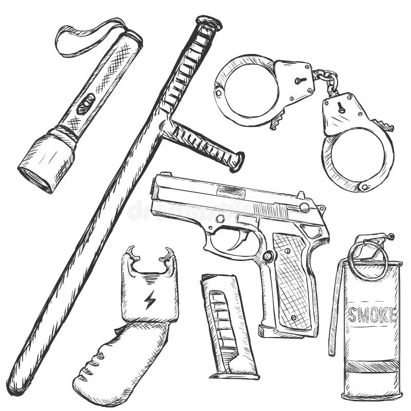 Vector Sketch Set of Police Weapon and Equipment Stock Vector ...