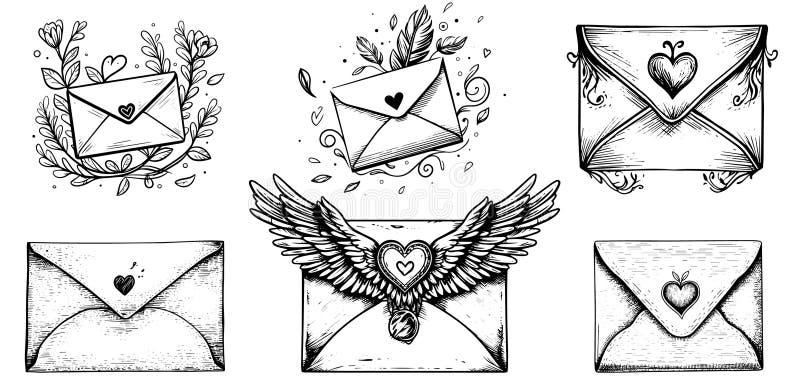Vector Sketch of a Vintage Mail Icon with an Floral Envelope, Wings and ...