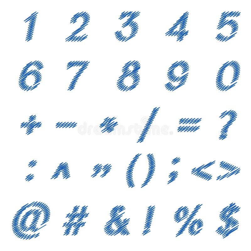 Vector Sketched Blue Number and Symbols Stock Vector - Illustration of ...