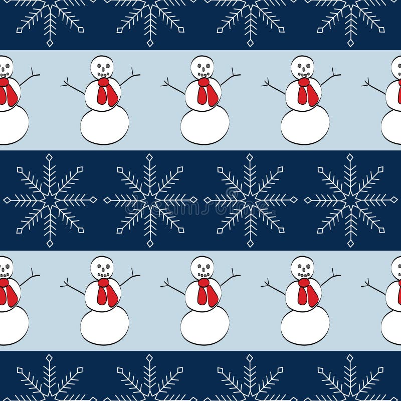 Vector Snowmen with Red Scarf and White Snow Flakes on a Blue Stripes ...