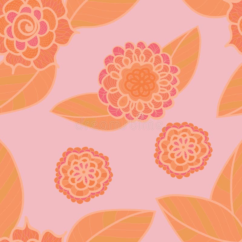 Vector Soft Pink Seamless Pattern with Doodle Orange Flowers. Stock ...