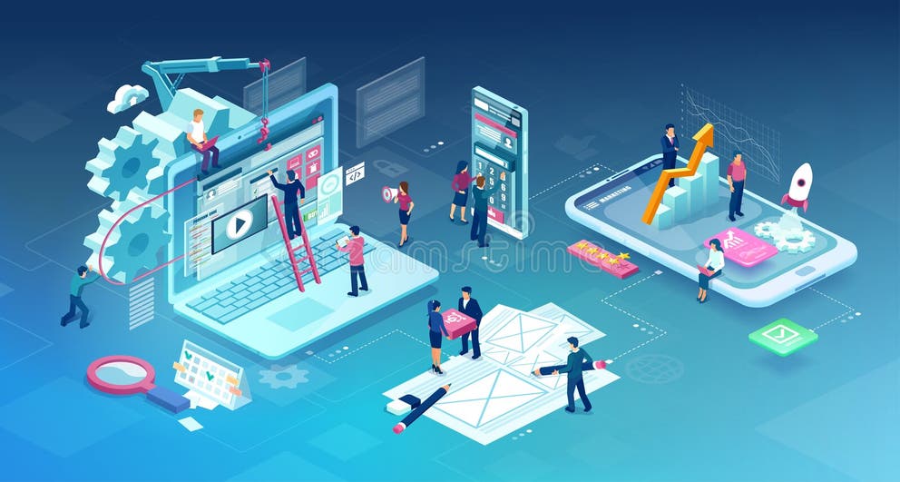 Vector of Software Development Team Working on New Startup, Mobile App ...