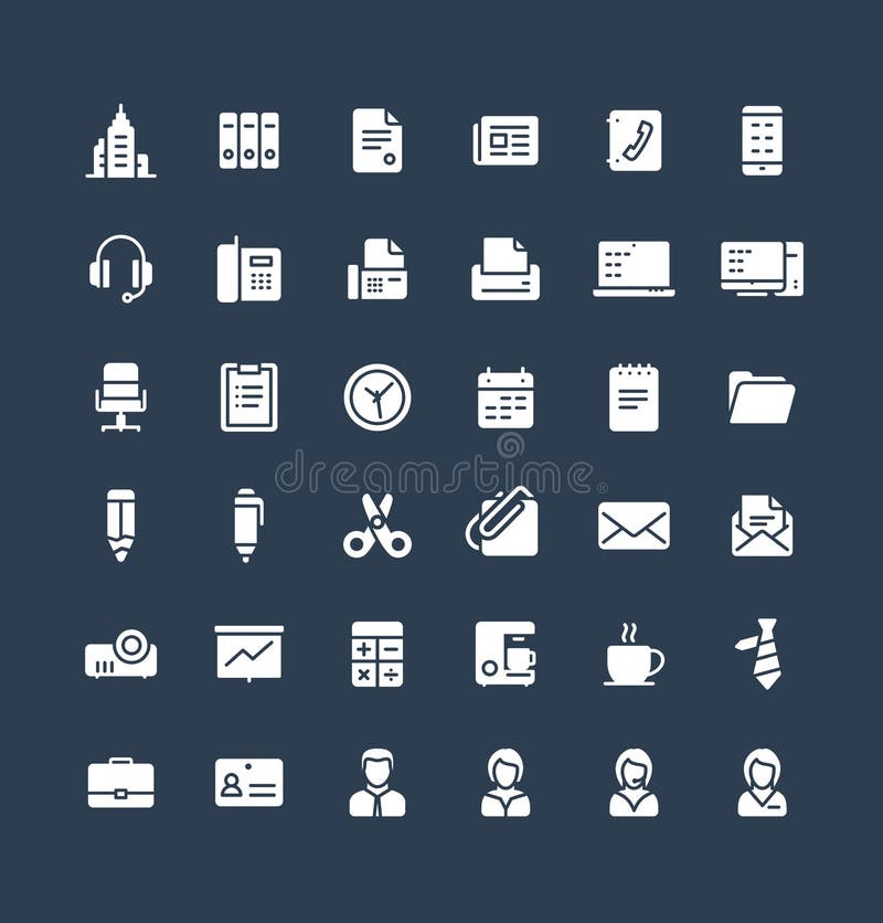 Vector Solid Icons Set with Business and Office Tools Flat Symbols ...