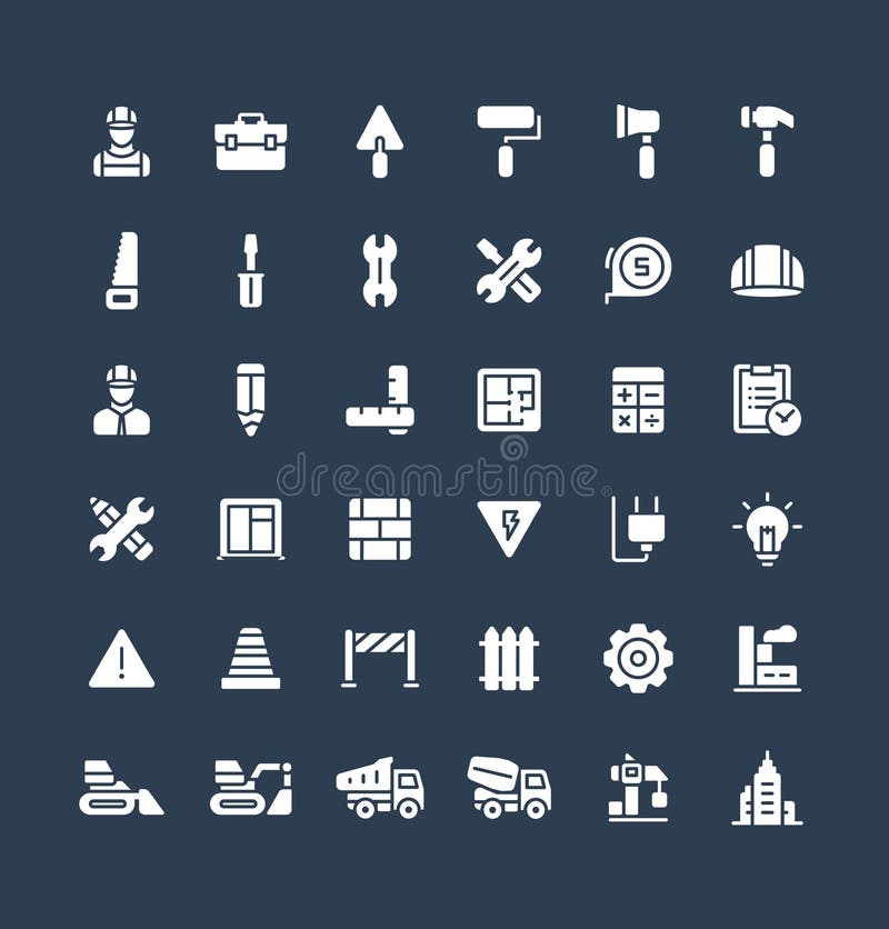 Vector Solid Icons Set with Construction, Industrial, Architectural ...