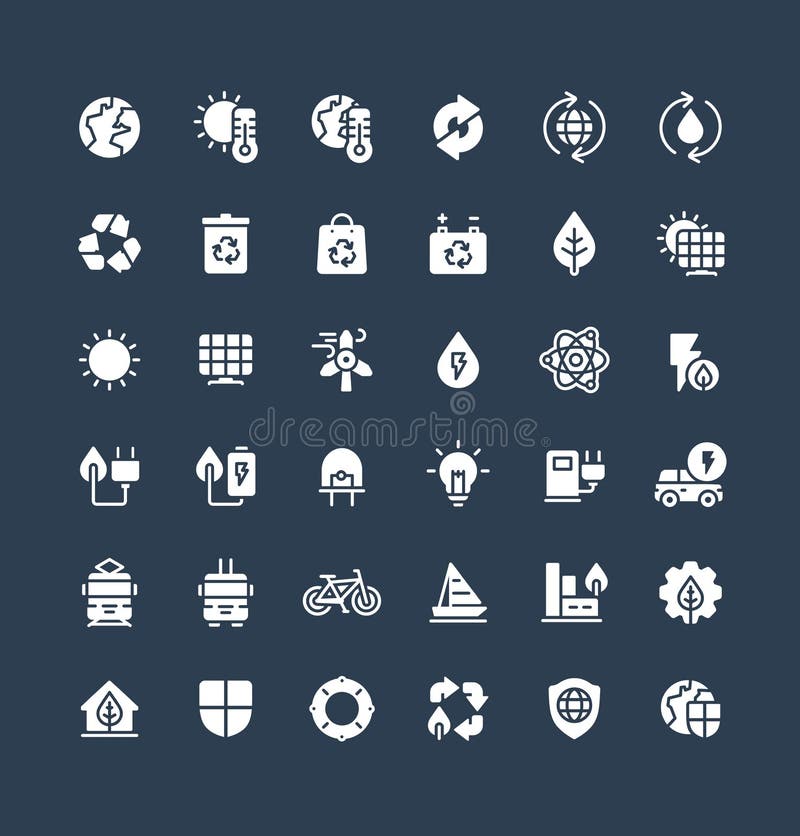 Vector Solid Icons Set with Environmental and Ecology Flat Symbols ...