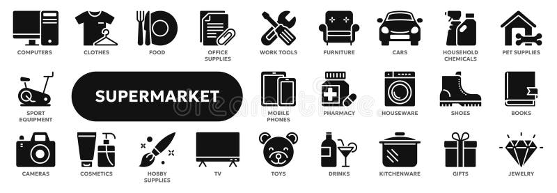 Vector Solid Icons of Supermarket Product Categories Stock Illustration ...