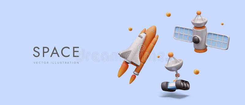 Vector Space Concept in 3D Style. Space Shuttle, Rover, Satellite with ...