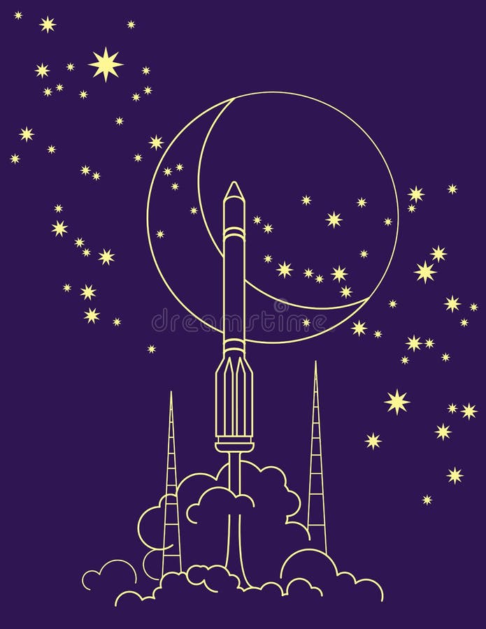 Vector Space Ornament. Simple Outline Drawing of a Rocket Launch Stock ...