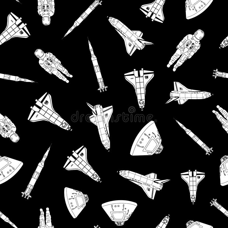 Vector Space Shuttles Rockets Capsules Astronauts Silhouettes in White ...