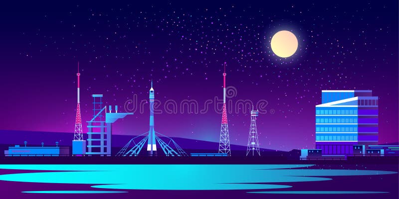 Vector Spaceport, Base at Night with Rocket Stock Vector - Illustration ...