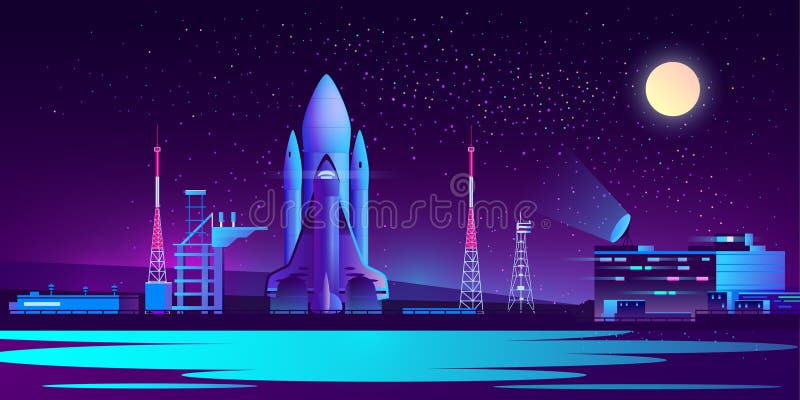 Vector Spaceport at Night with Rocket, Control Room and Radio Tower ...