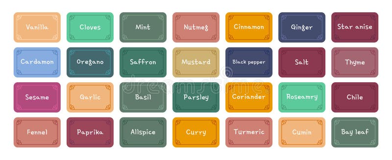 Vector Spices Names Stickers Set. Rectangle with Round Corners Food ...