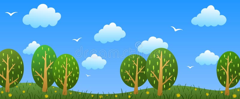 Vector Spring Cartoon Landscape. Clouds, Trees on Green Grass with ...