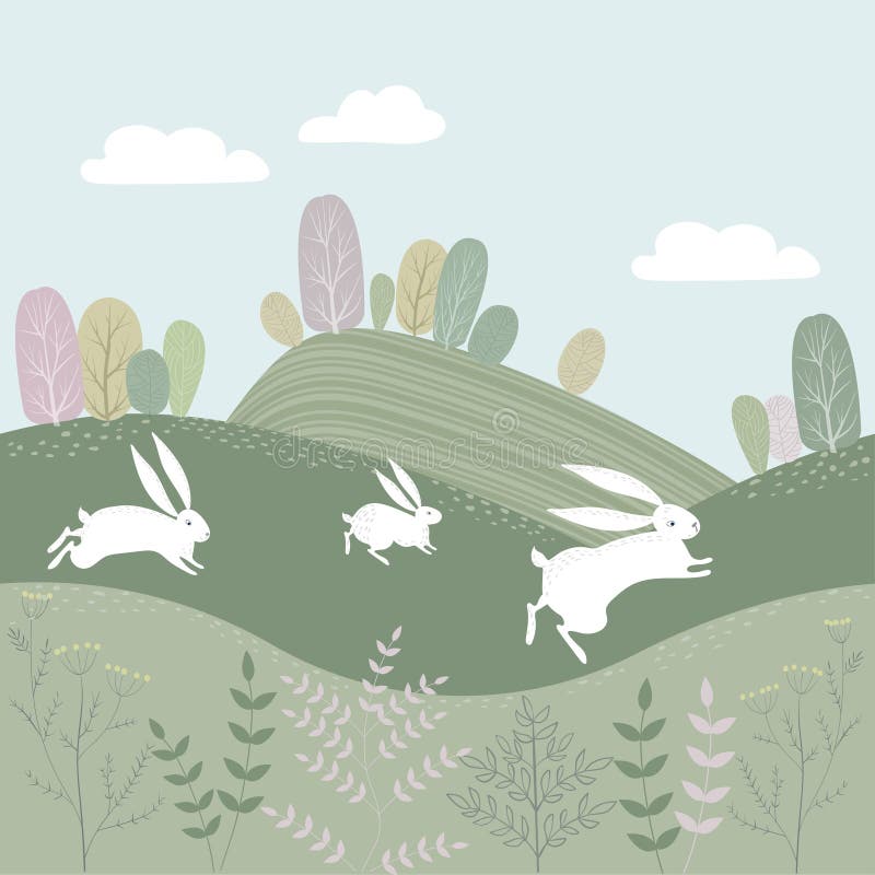 Vector Spring Landscape with Fields and Trees. White Hares Run through ...