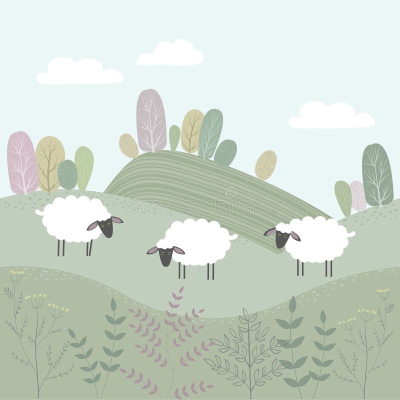 Vector Spring Landscape with Fields and Trees. White Sheep Stand in the ...