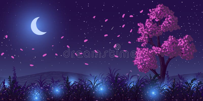 Vector Spring Night Landscape. Blooming Tree among Meadows with ...