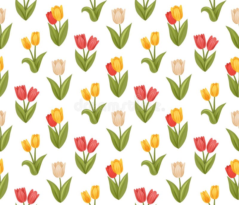 Vector Spring Pattern with Colorful Tulips on White Background. Rustic ...