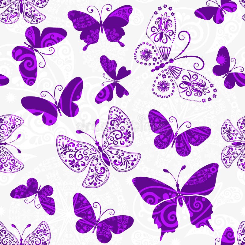 Purple Butterflies Vector Seamless Pattern. Line Art Stock Vector ...