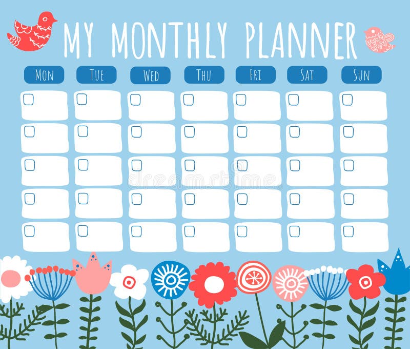 Vector Spring Ethnic Floral Hand Drawn Monthly Planner, Schedule ...