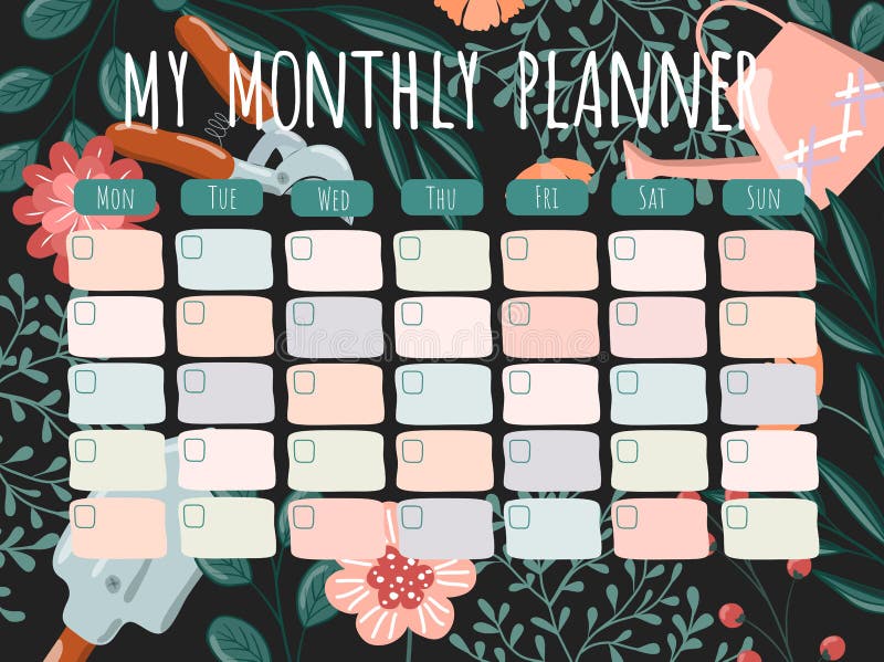 Vector Spring Ethnic Floral Hand Drawn Monthly Planner, Schedule ...