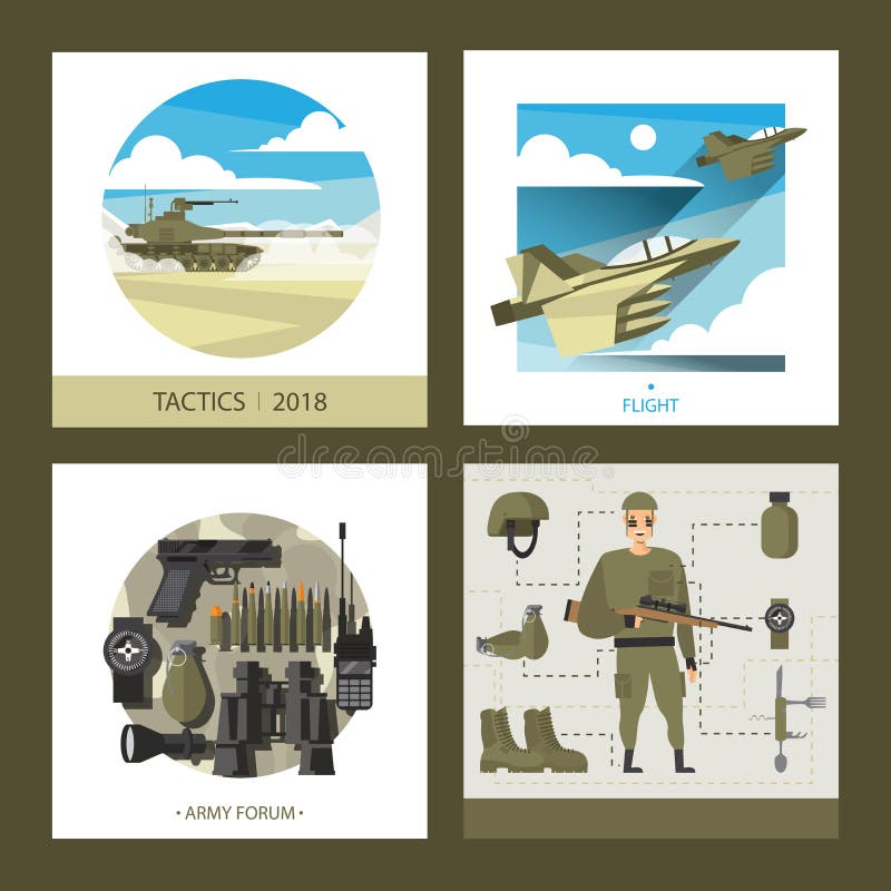 Vector Square Cards about War, Military Training and Equipment for ...
