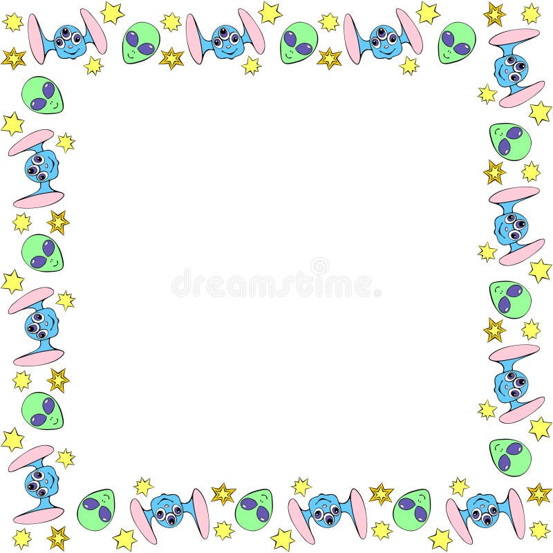 Vector Square Frame, Border from Funny Aliens Heads, Stars in Doodle ...
