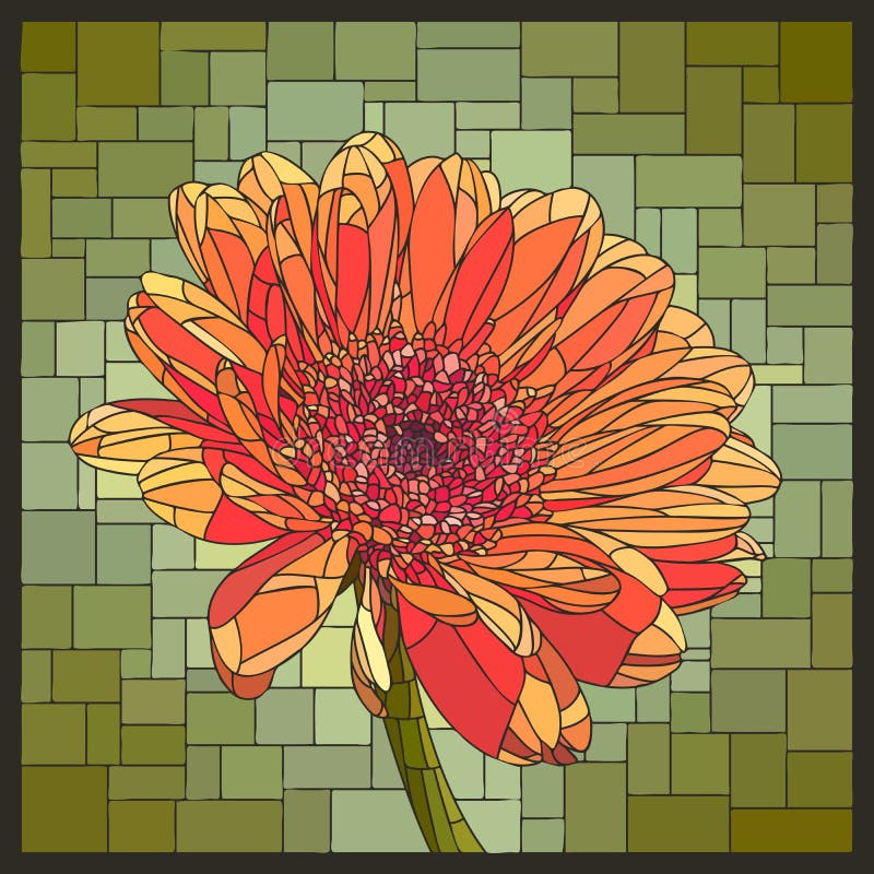 Vector Stained Glass Window with Blooming Orange Gerbera Flower Stock ...